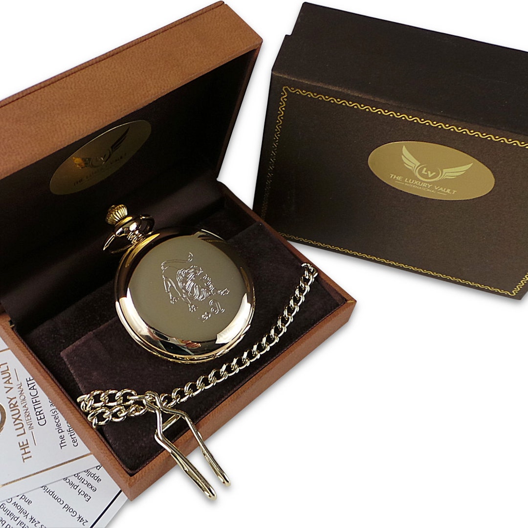 Custom Engraving Birthday Zodiac 24 Carat Gold Coated Pocket Watch Full ...