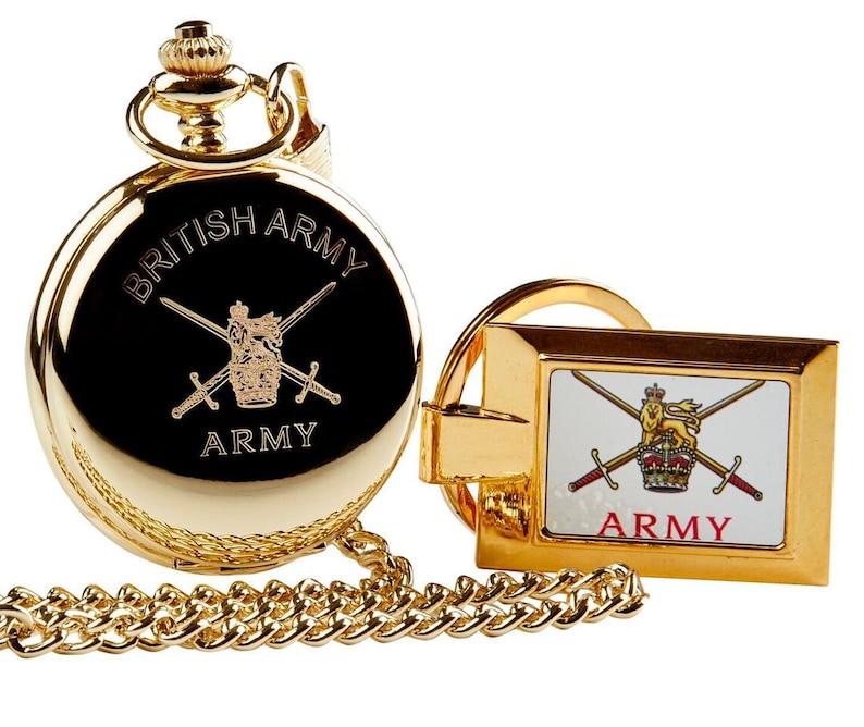 British Army Pocket Watch Engraved 24 Carat Gold Clad and Gold Keychain ...