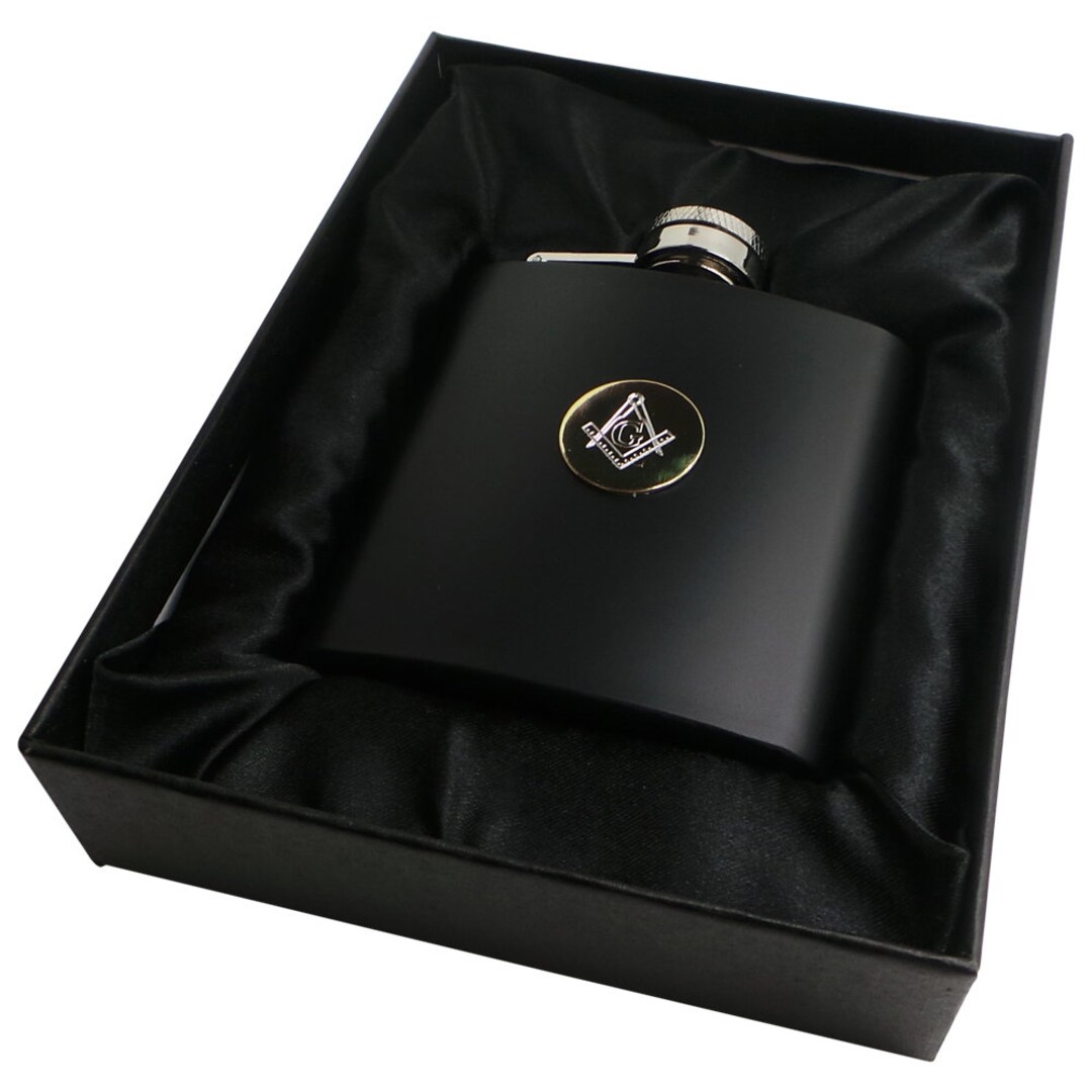 Masonic Hip Flask Freemasons Matte Black Over Steel Engraved Emblem ...