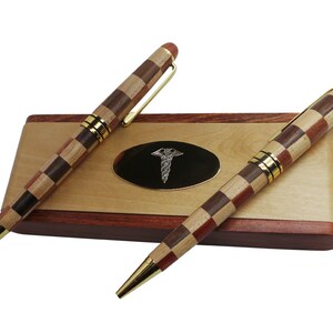 Medical Symbol Caduceus Wooden Pen in Wood Case and 2 Pens Double Set ...