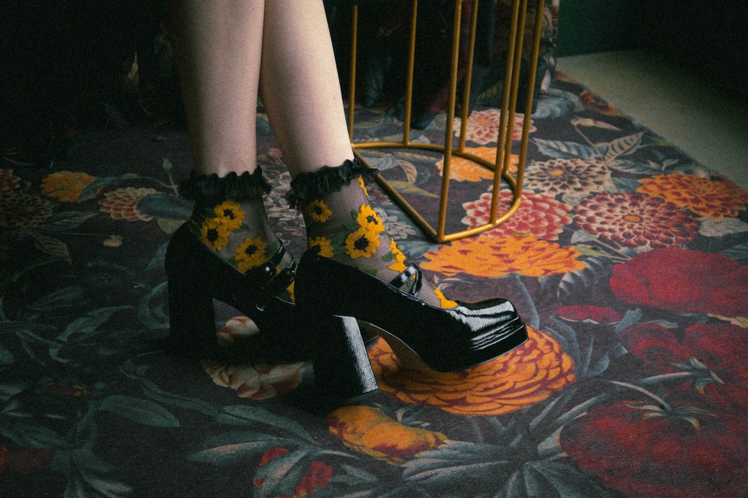 Sheer Sunflower Socks in Black & Yellow With Lace Ruffle Fringe ...
