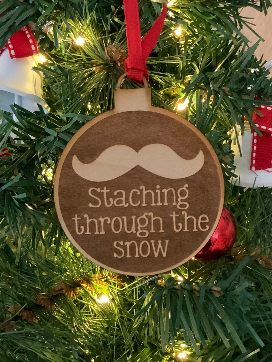 Laser Engraved Wood Christmas Ornament Mustache Staching Through the ...