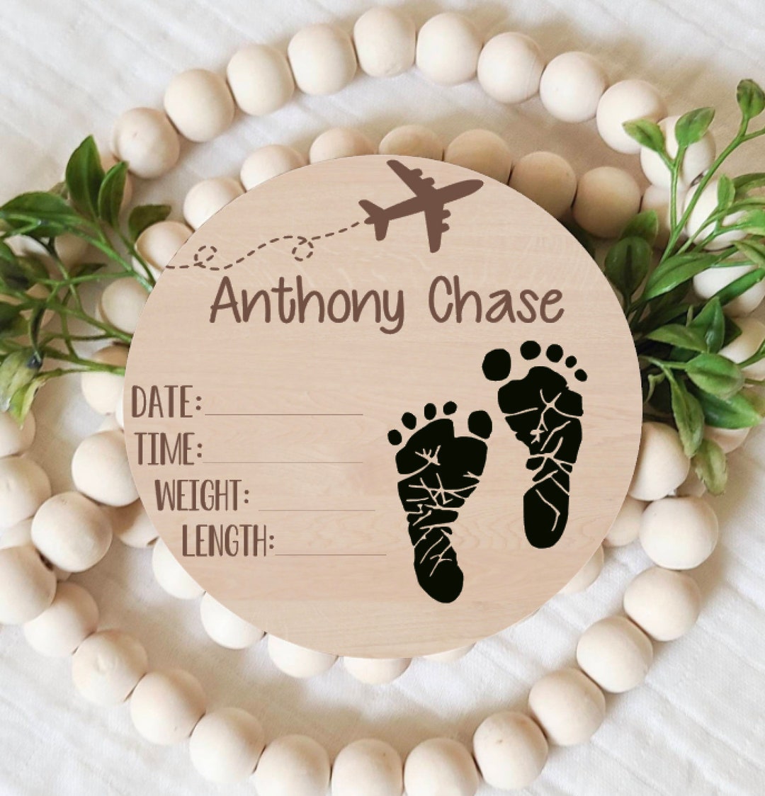 Baby Foot Print Sign, Personalized Airplane Birth Stat Sign, Foot Print ...