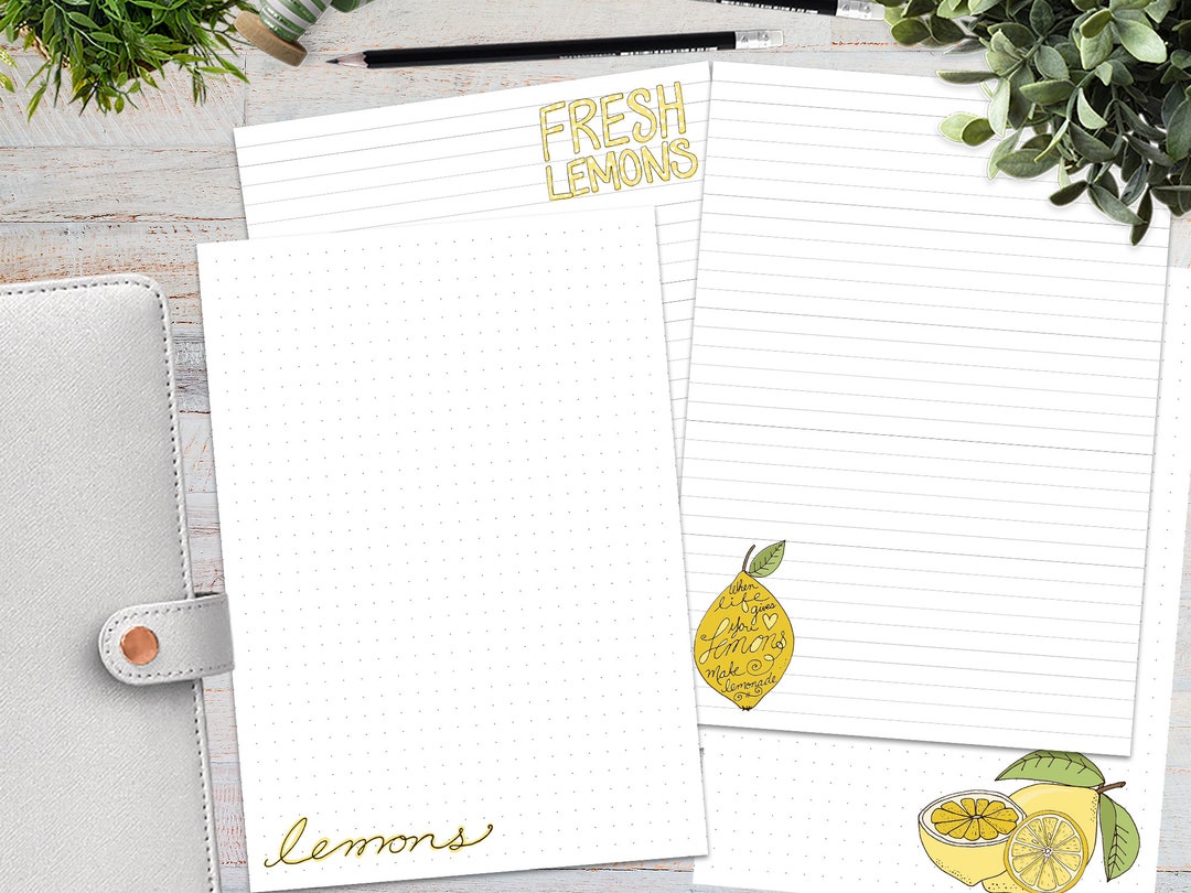 A5 Notes | Lined | Dot Grid | Lemons | Printable Planner Insert ...