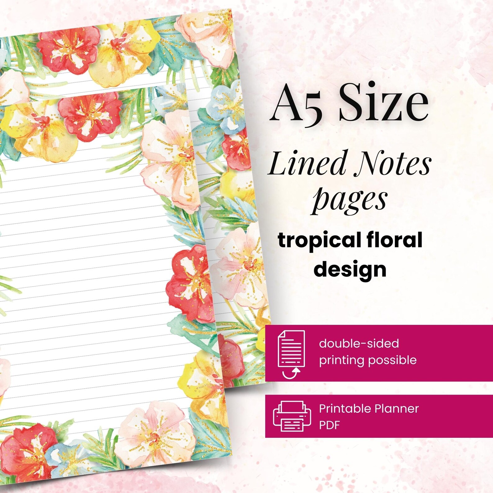 A5 Notes Lined | Printable Planner Insert | Tropical Flowers | Floral ...