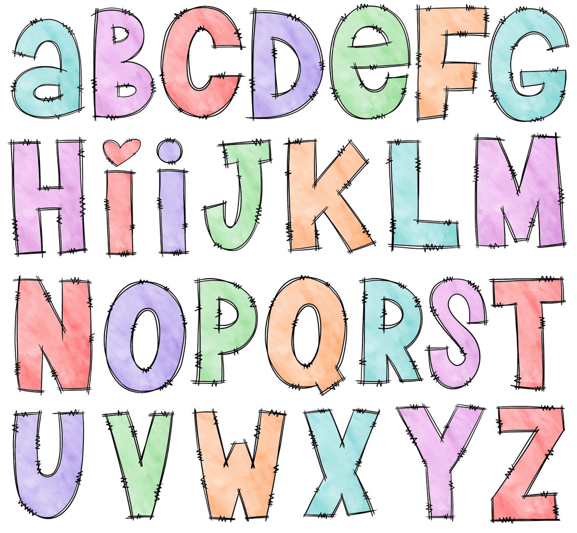 Doodle Letters Watercolor Clipart Blue Green Pink Orange | Etsy