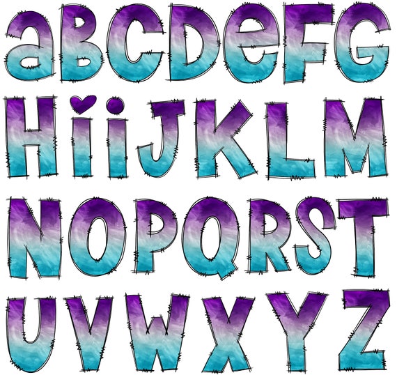 Bundle Alphabet Purple Digital Clipart Doodle Letters Rainbow Ombre ...