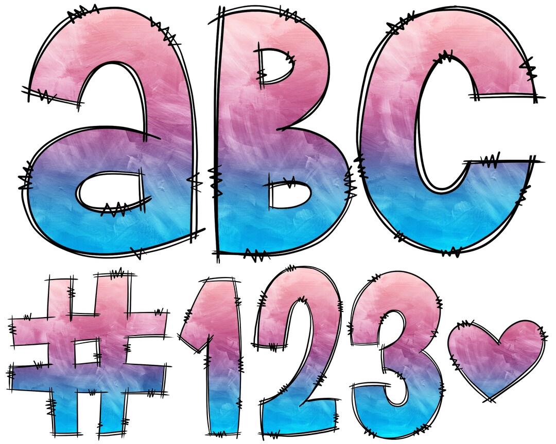 Doodle Letters Rainbow Ombre Clipart, Letters Clip Art, Blue Pink ...