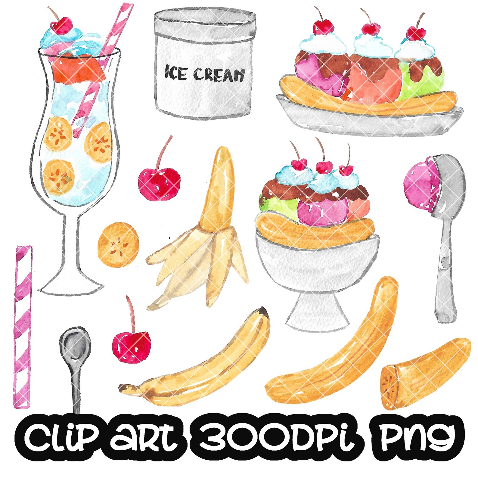 Banana Split Watercolor Digital Clip Art Clipart, Instant Download PNG ...