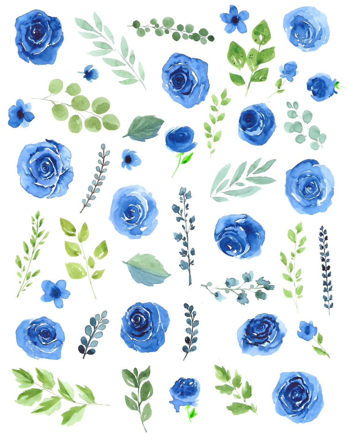 Watercolor Rose Blue Flowers Floral Wreath Bouquet - Etsy