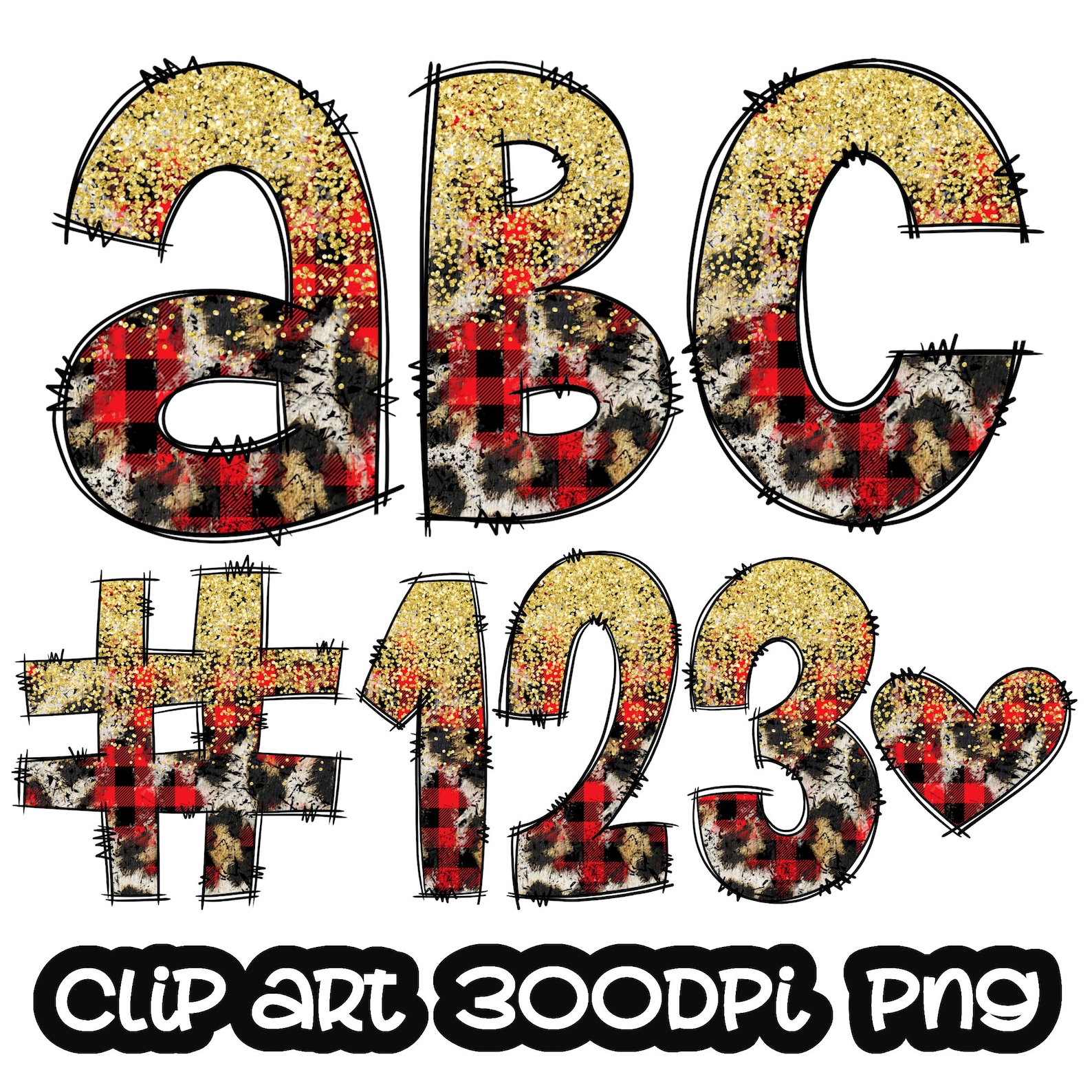 Doodle Letters Red Checkered Leopard Glitter Gold Clipart, Letters Clip ...