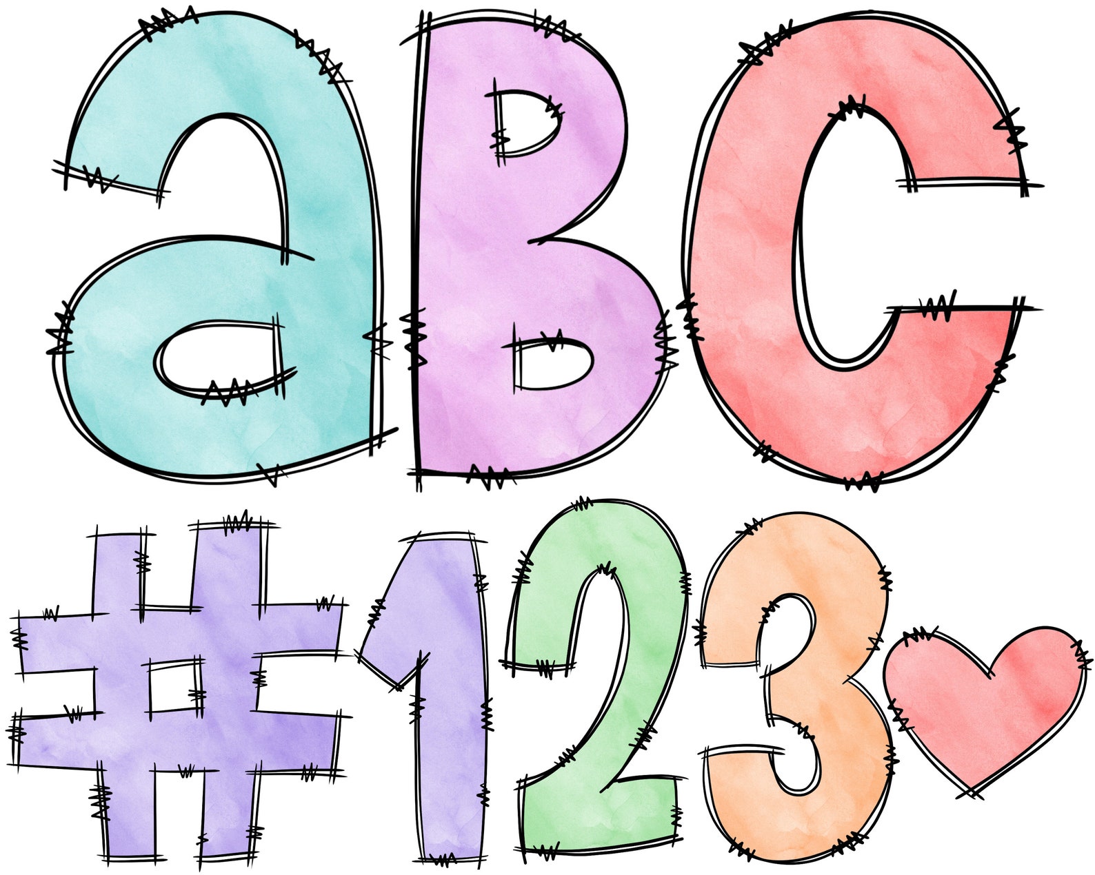 Doodle Letters Watercolor Clipart Blue Green Pink Orange | Etsy