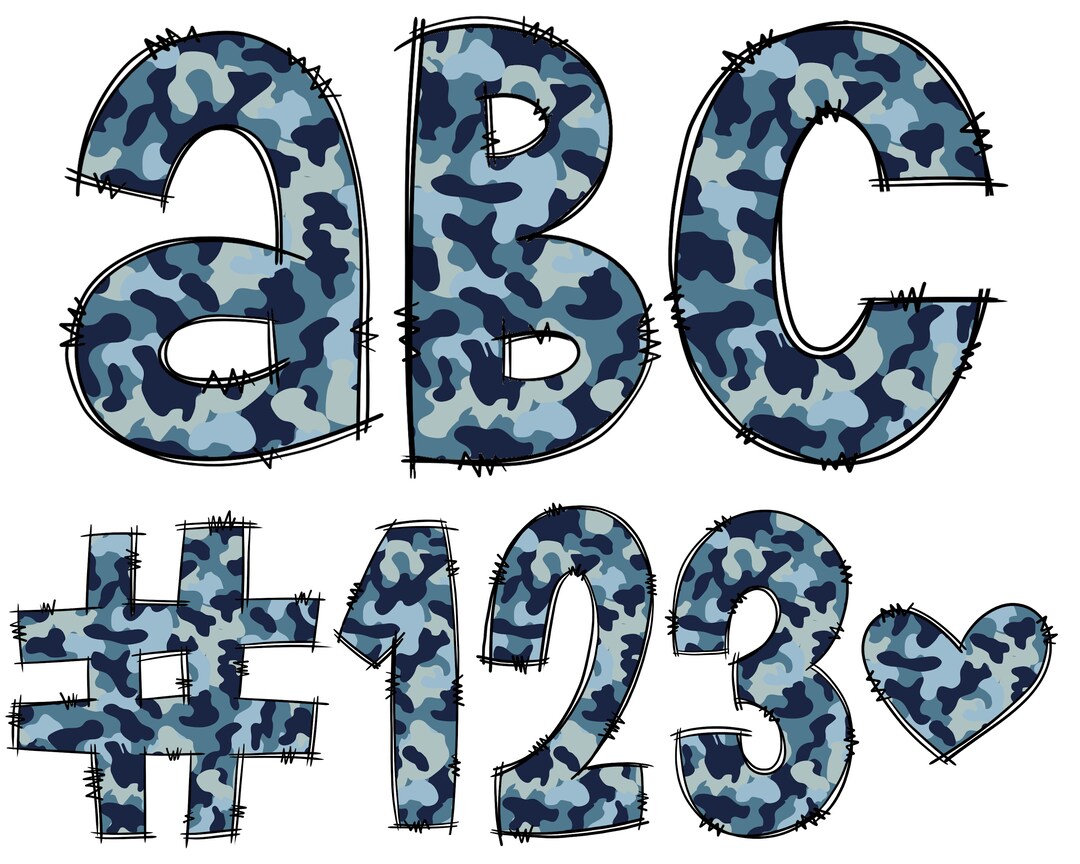 Doodle Letters Blue Camouflage Clipart, Letters Clip Art, Digital ...