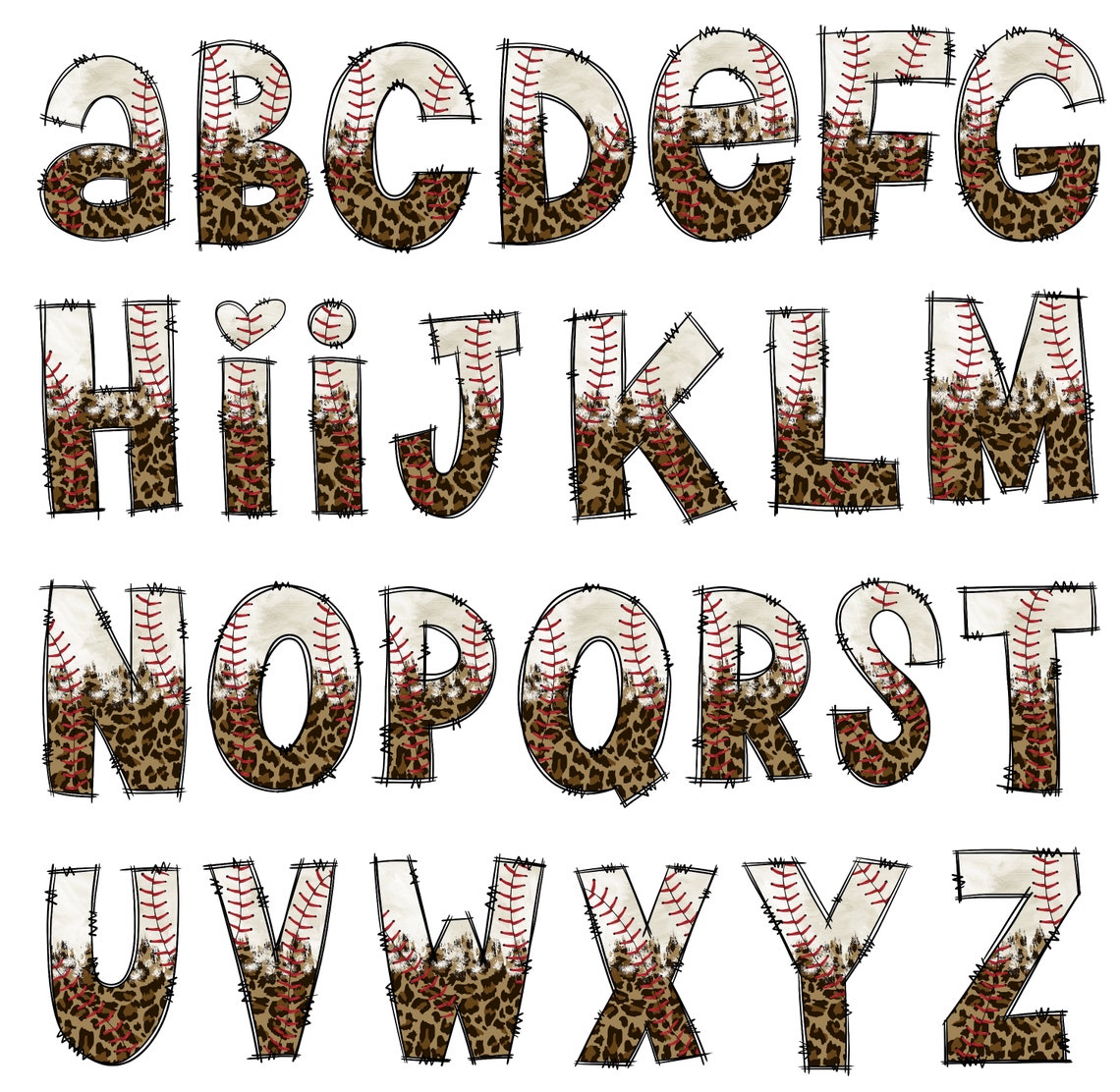 Baseball Doodle Letters Leopard Clipart Letters Clip Art - Etsy