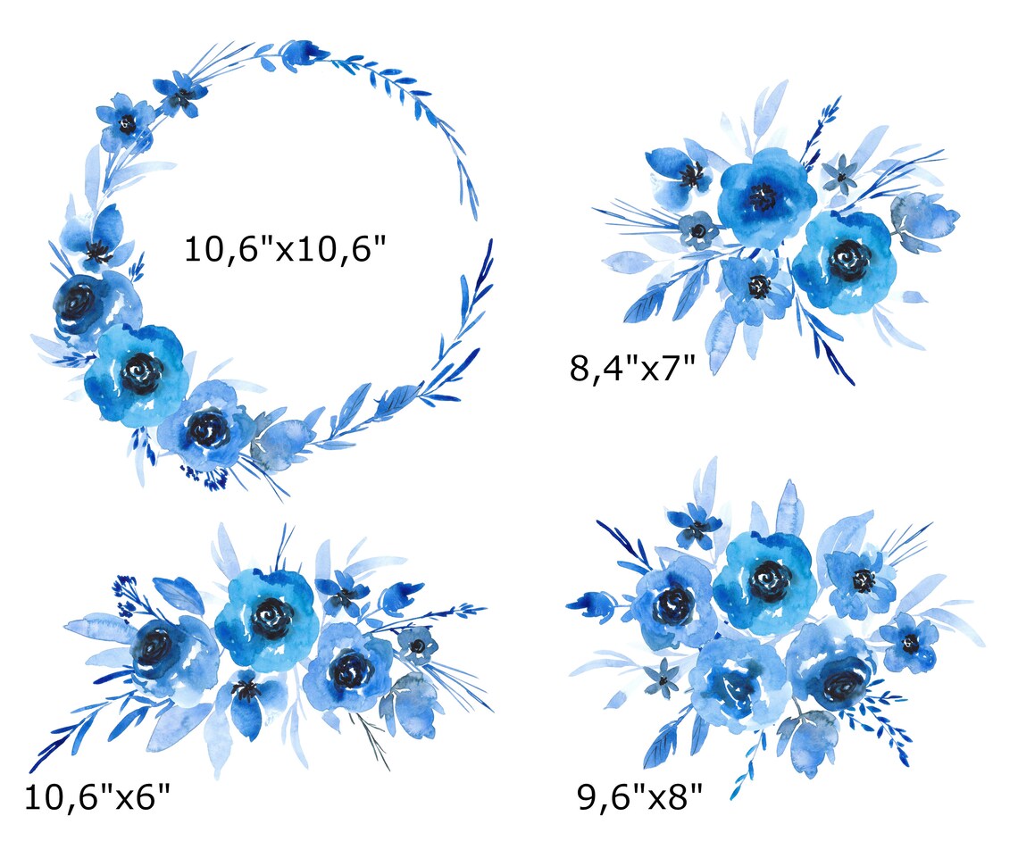 Watercolor Rose Blue Flowers Floral Wreath Bouquet Digital | Etsy