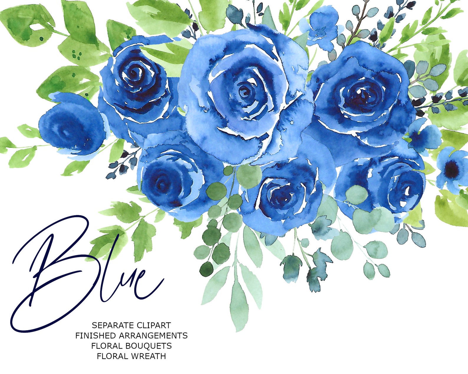 Watercolor Rose Blue Flowers Floral Wreath Bouquet - Etsy