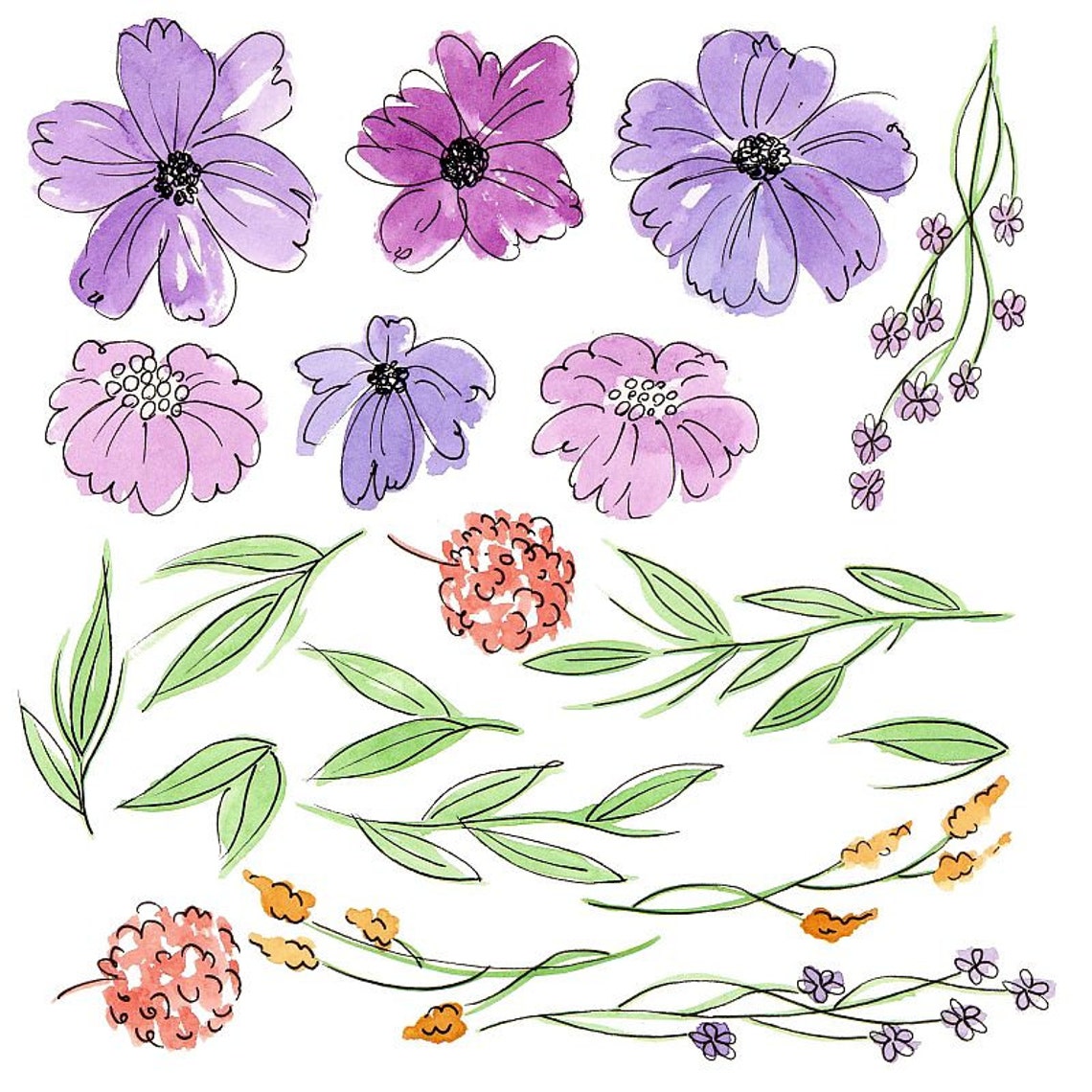 Handpainted Watercolor Clip Art Flowers Floral Leaf - Etsy