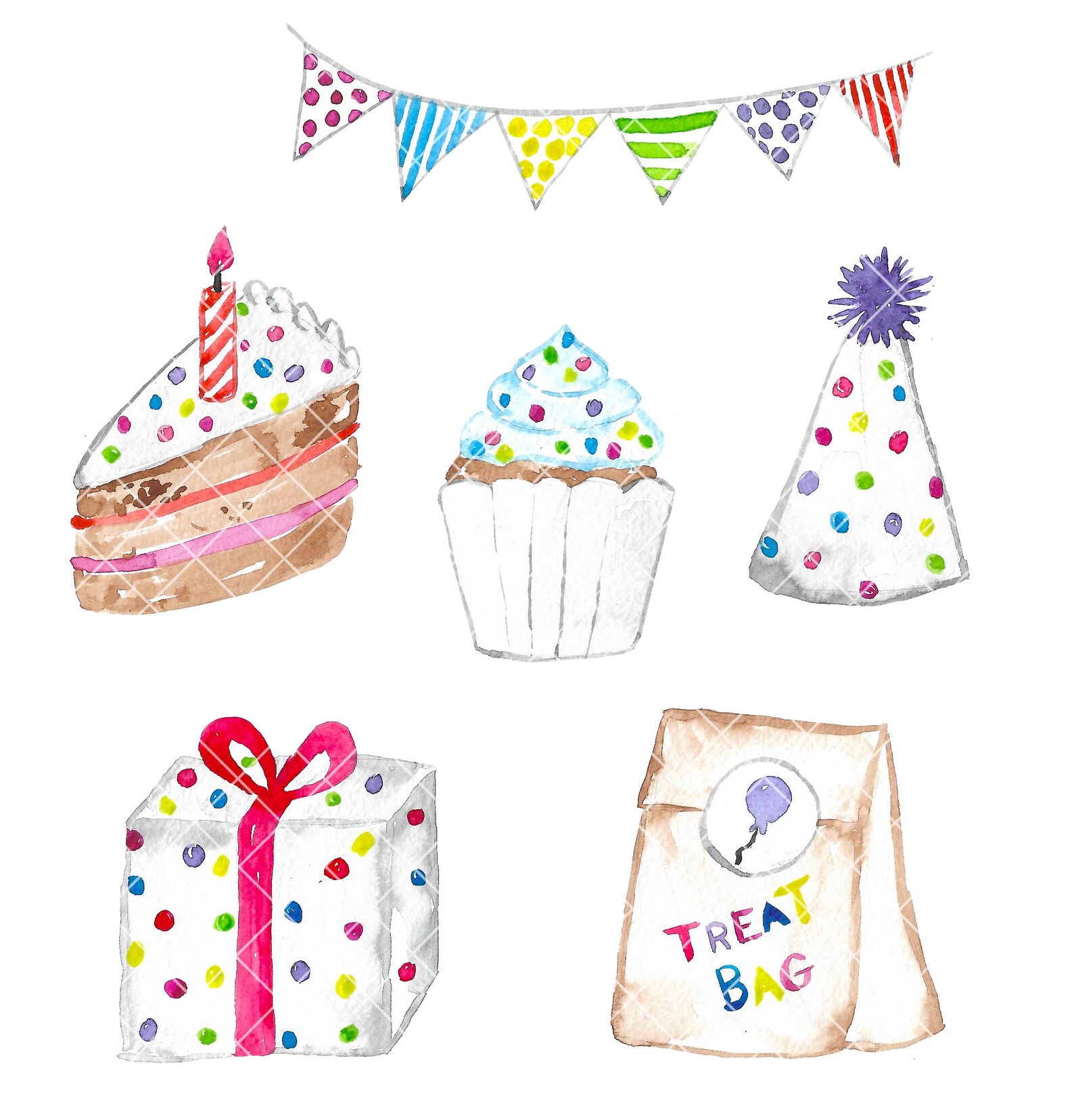Set of Birthday Party Clip Art Watercolor Handpainted, Birthday Digital ...
