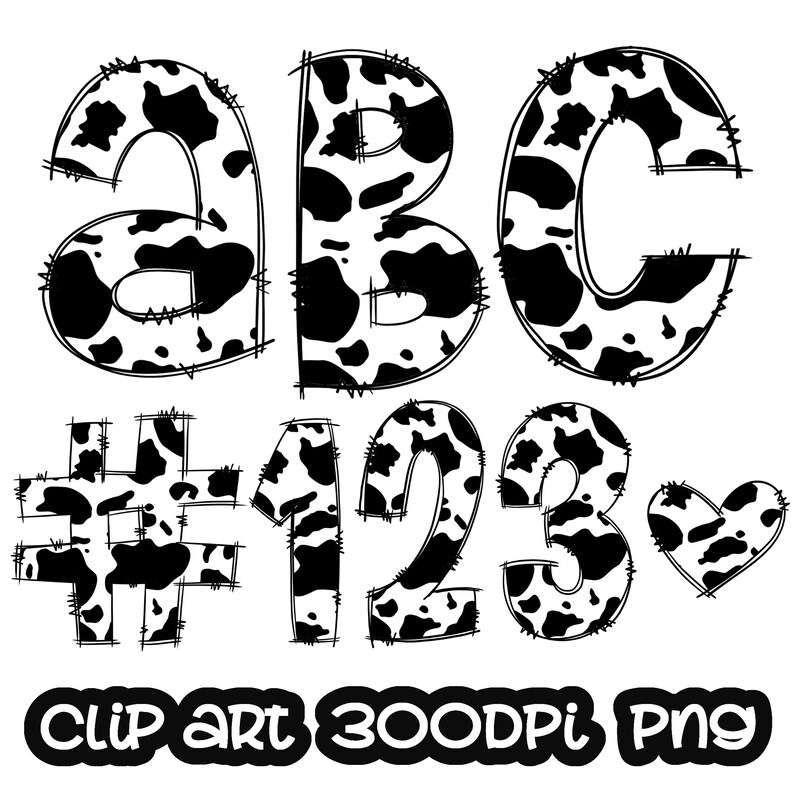 Doodle Letters Black and White Cow Clipart, Letters Clip Art, Digital ...