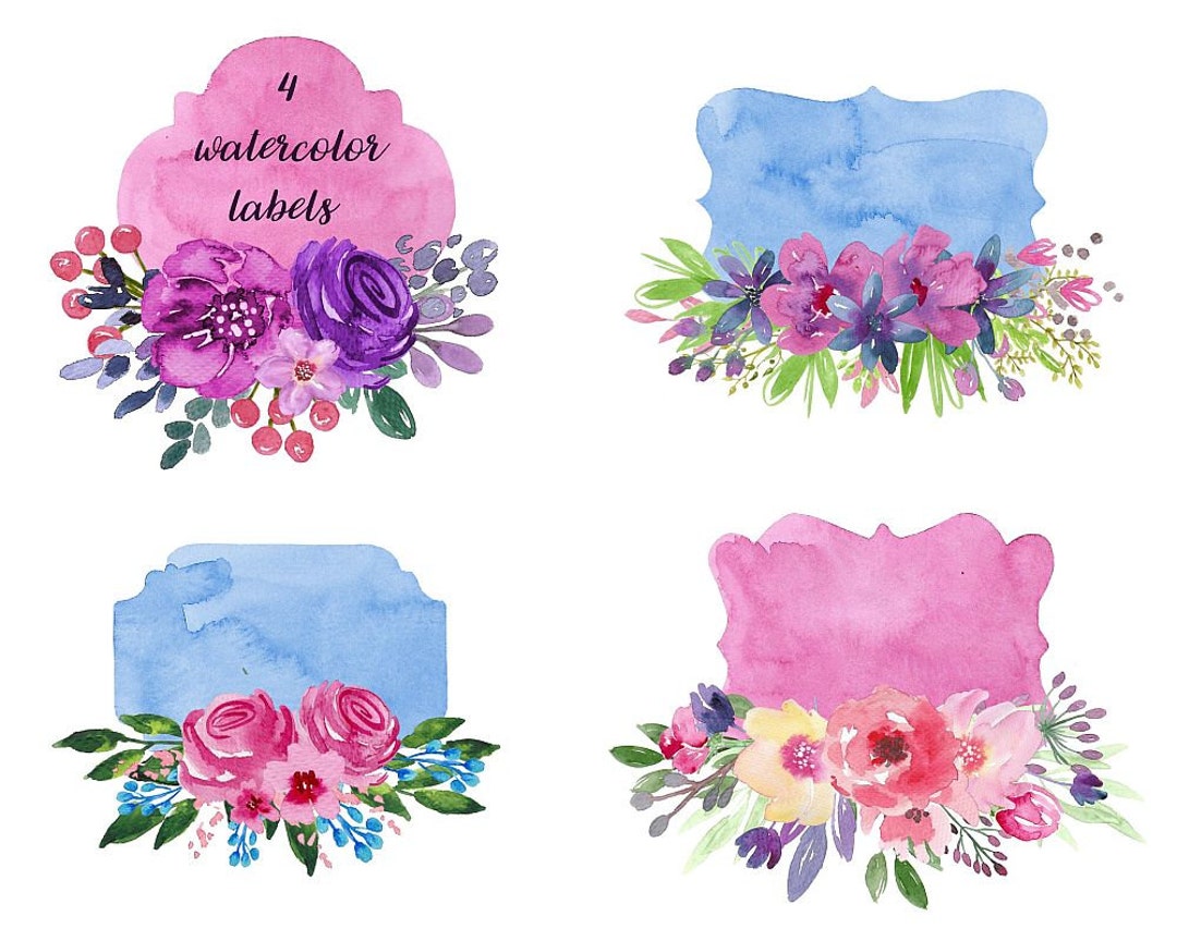 Flowers Labels Watercolor, Frames Clip Art, Handpainted Watercolor ...