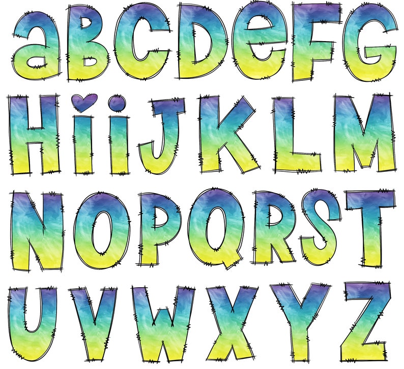 Doodle Letters Rainbow Ombre Clipart, Letters Clip Art, Blue Green ...