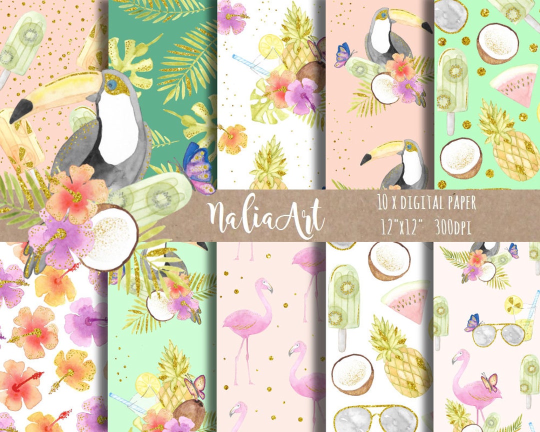 Digital Paper Background Tropical,glitter Confetti Gold,flamingo,toucan ...