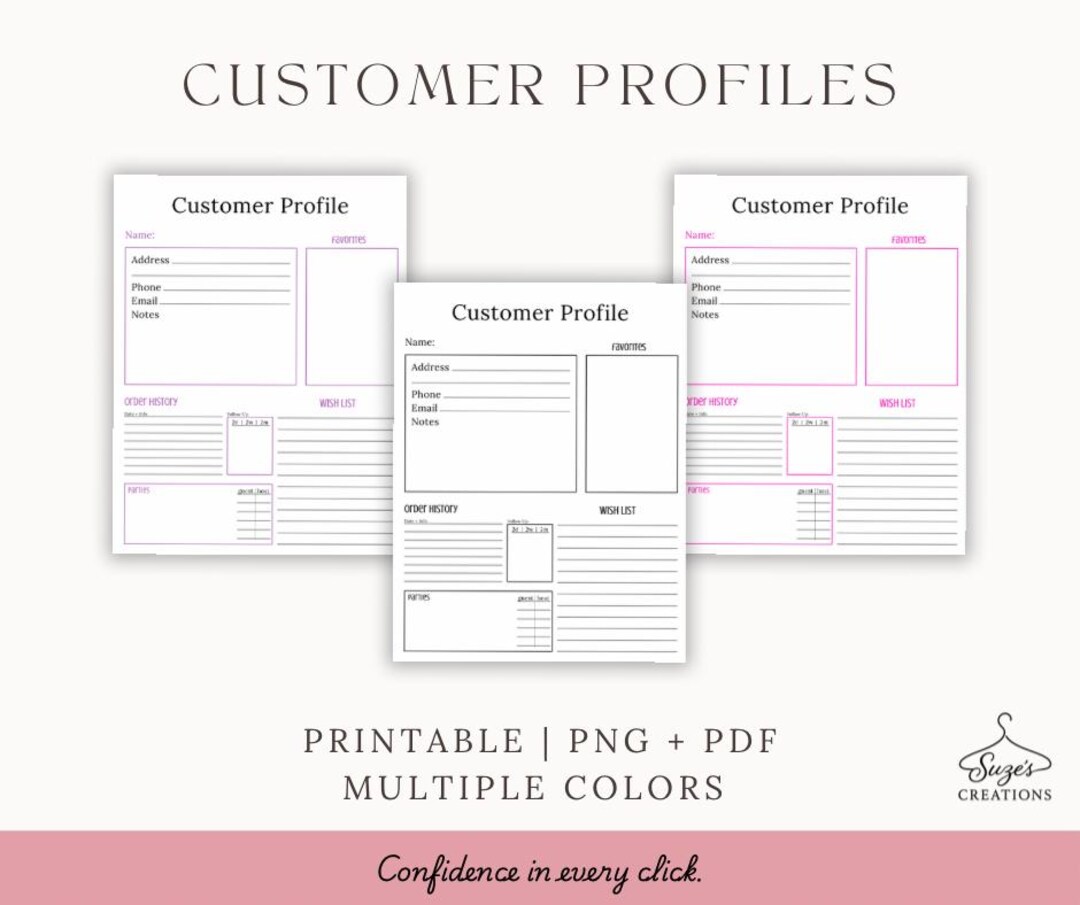 Customer Profile Sheet Printable | Pink & Purple PNG + PDF | Wishlist ...