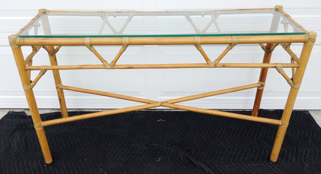 Vintage Mid Century Leather Wrapped Console Table Glass Top - Etsy