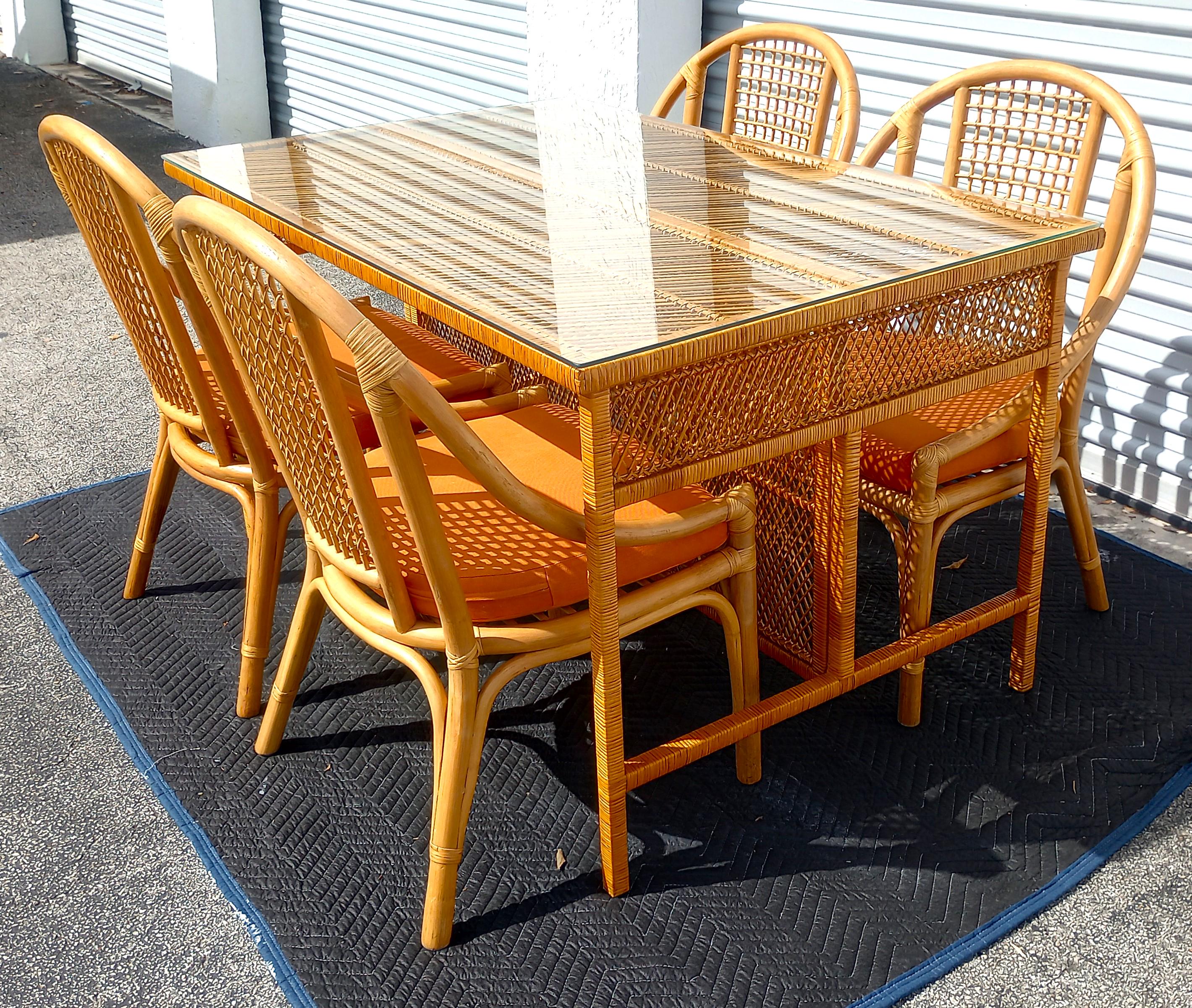 Vintage Bohemian Wicker Rattan Dining Table Set With 4 Bent Bamboo ...