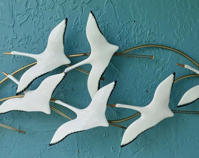 Vintage Mid Century Ceramic Flock of Seagulls Brass Frame Folding Wall ...