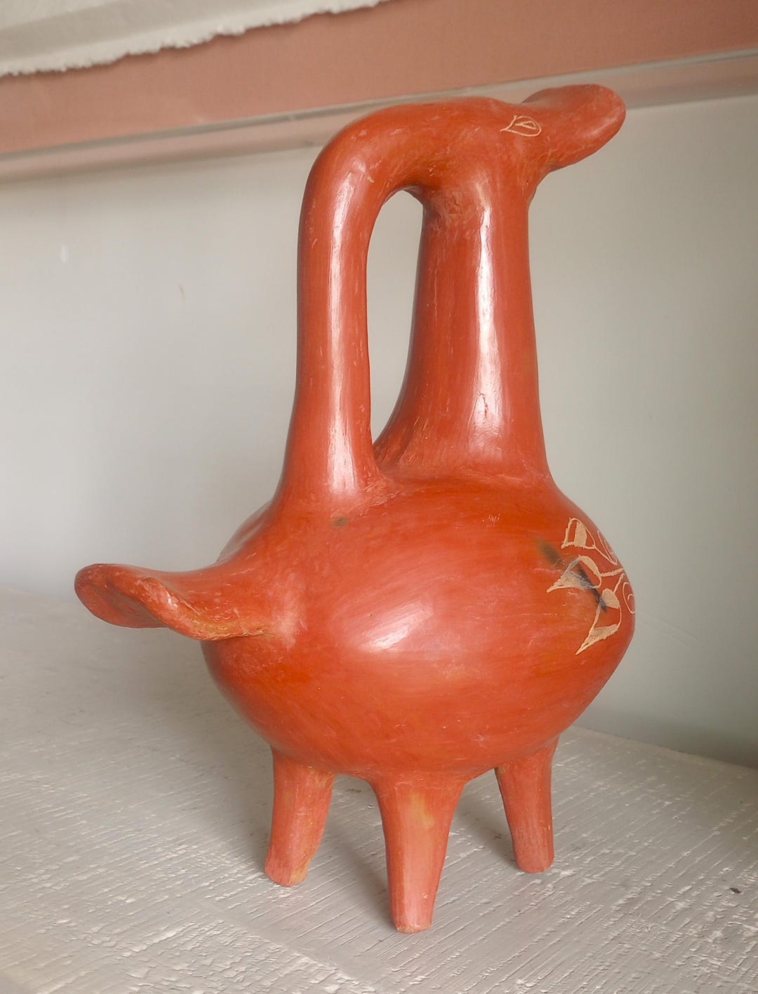 Red Duck Jug Mexican Burnt Pottery Water Vessel Jug Etched Floral - Etsy