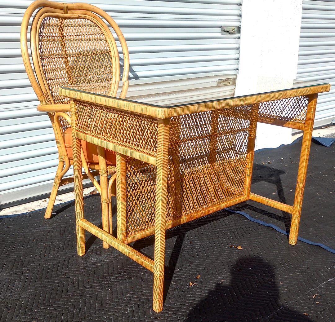 Vintage Bohemian Wicker Rattan Desk With Peacock Bamboo Cane Arm Chair ...