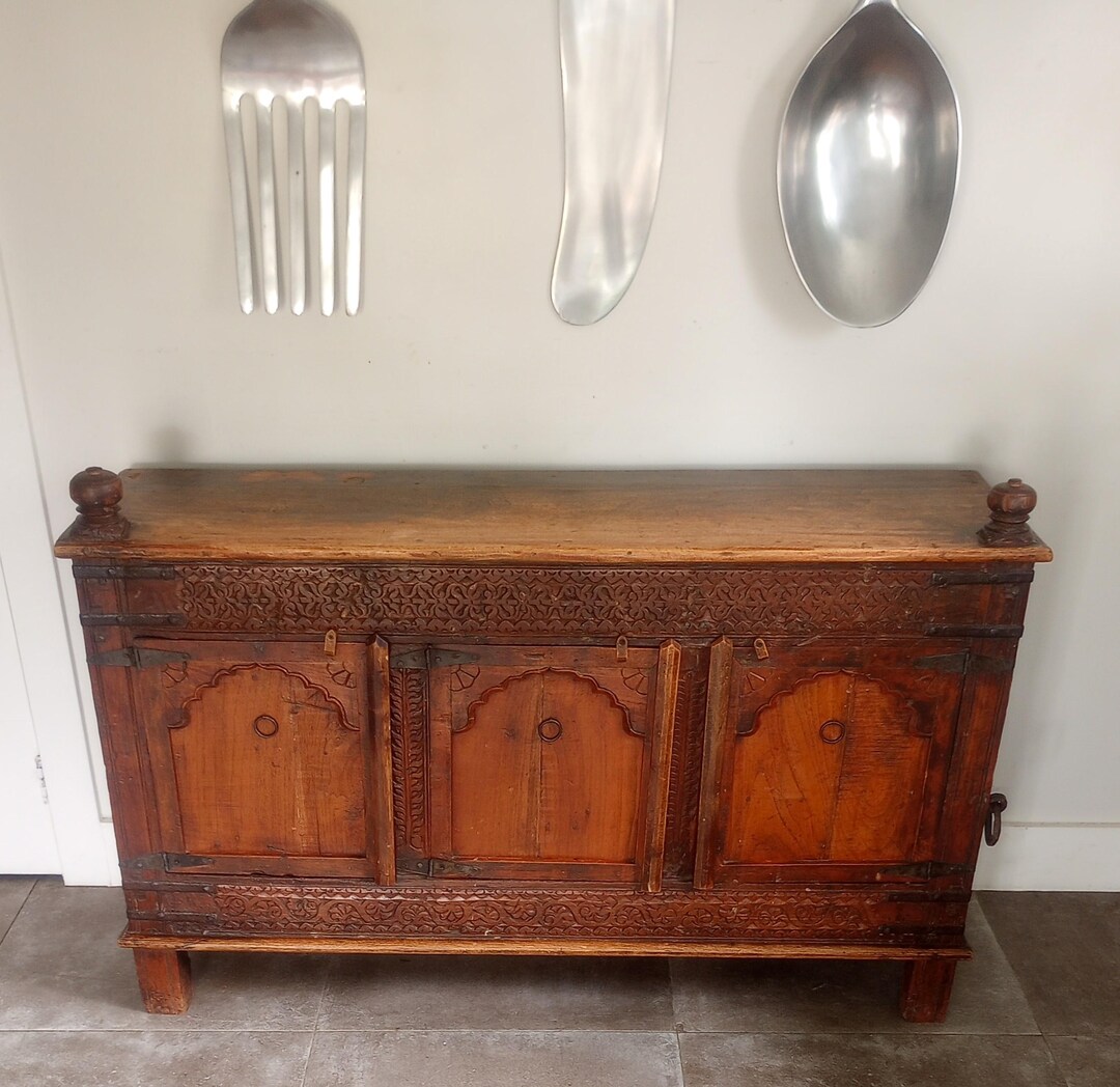 Antique Indian Dowry Chest Cupboard Cabinet Console Buffet Sideboard 3 ...
