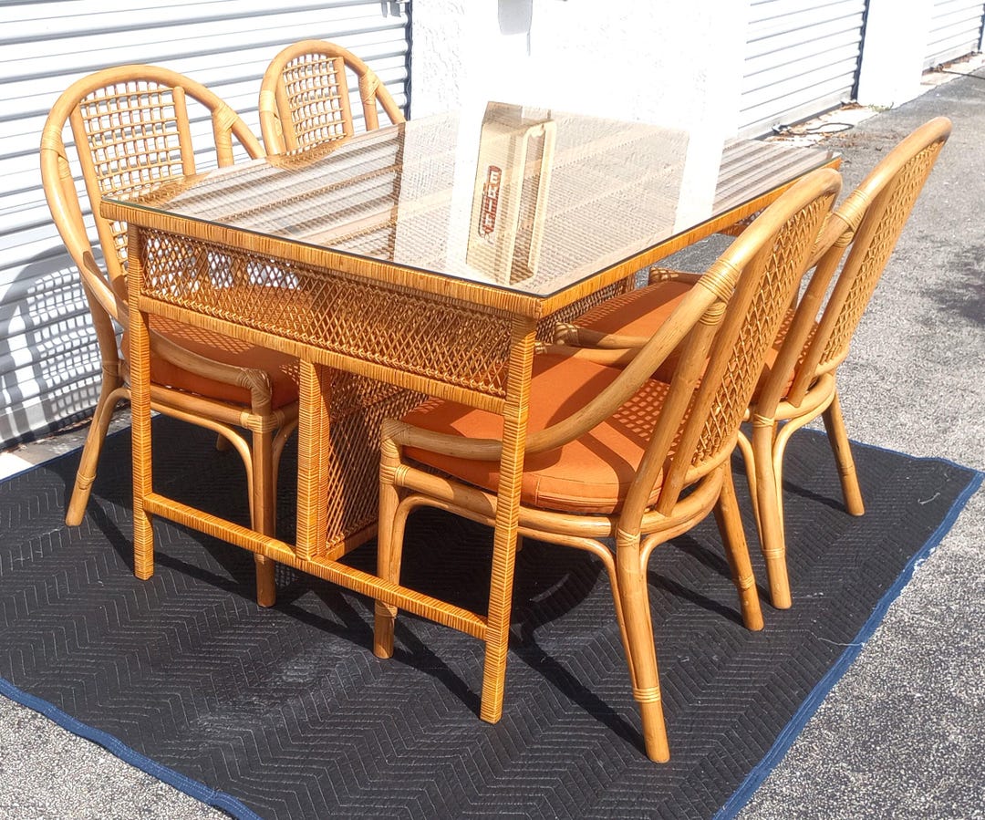 Vintage Bohemian Wicker Rattan Dining Table Set With 4 Bent Bamboo ...