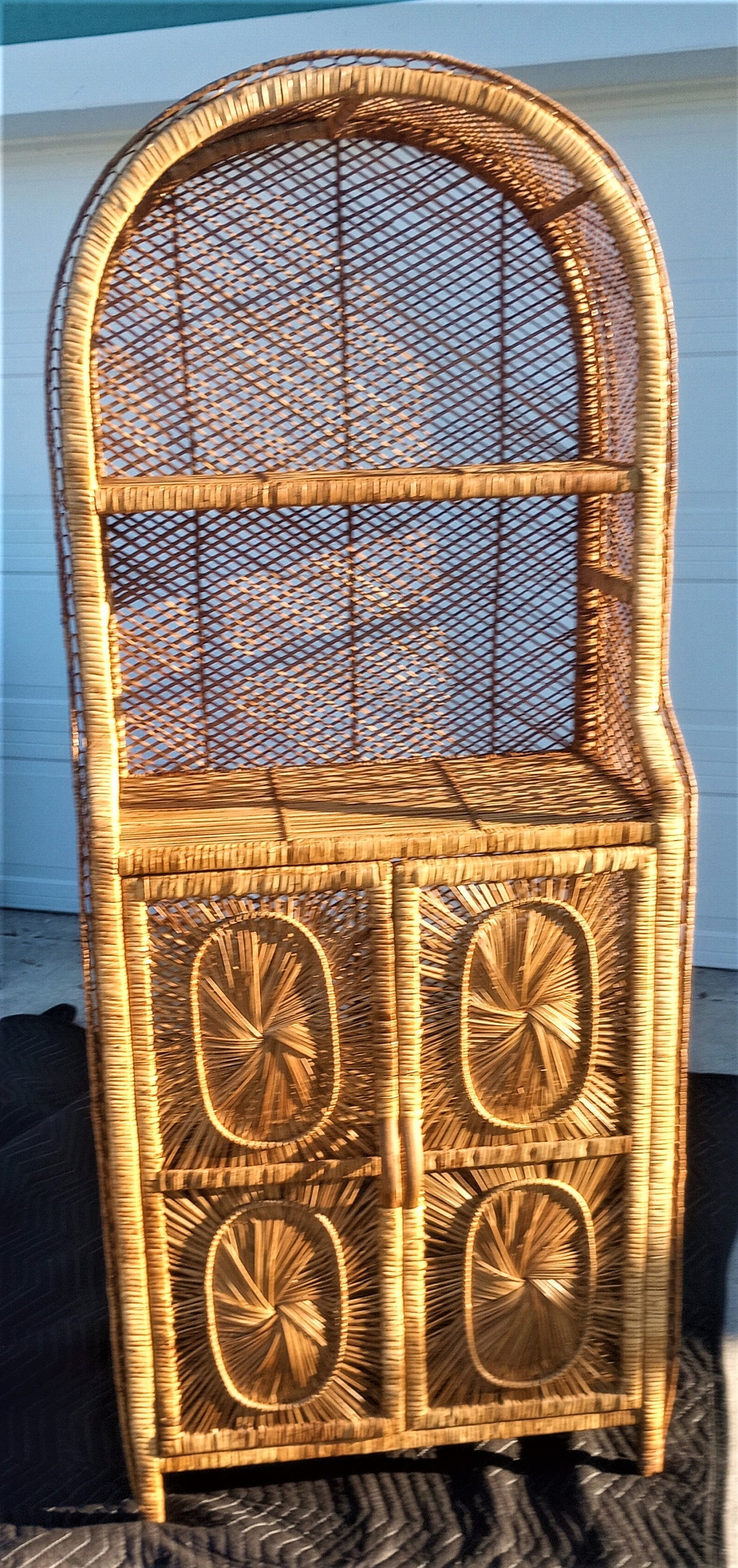 Vintage Mid Century Bohemian Wicker Rattan Sunburst 2 Door Etagere Wall ...