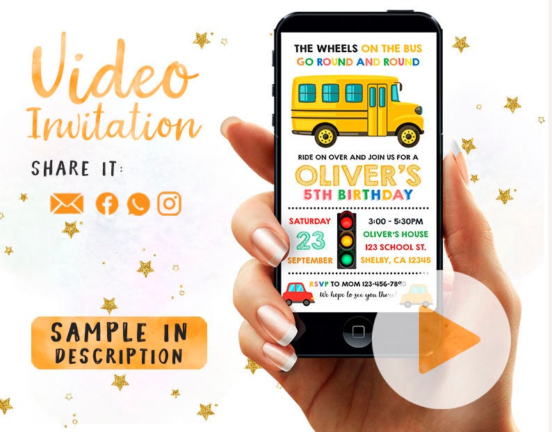 Wheels on the Bus Invitation, School Bus Birthday Party, Wheels on the ...