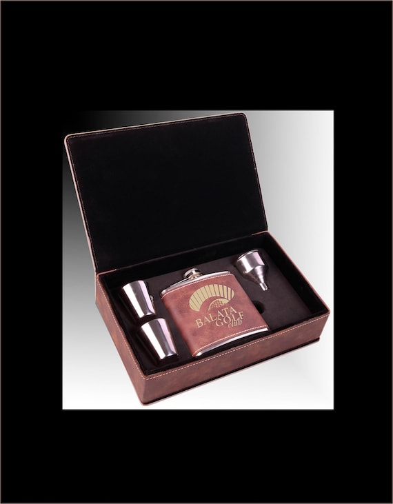 Custom Laser Engraved Flask Gift Set Stitched Leatherette | Etsy