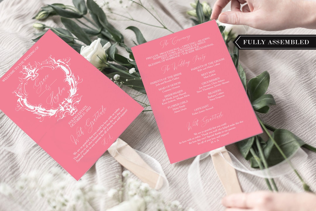 Coral Wedding Program Fans With Wooden Sticks, Peach Wedding Programs, Decor, Printed Fans ...