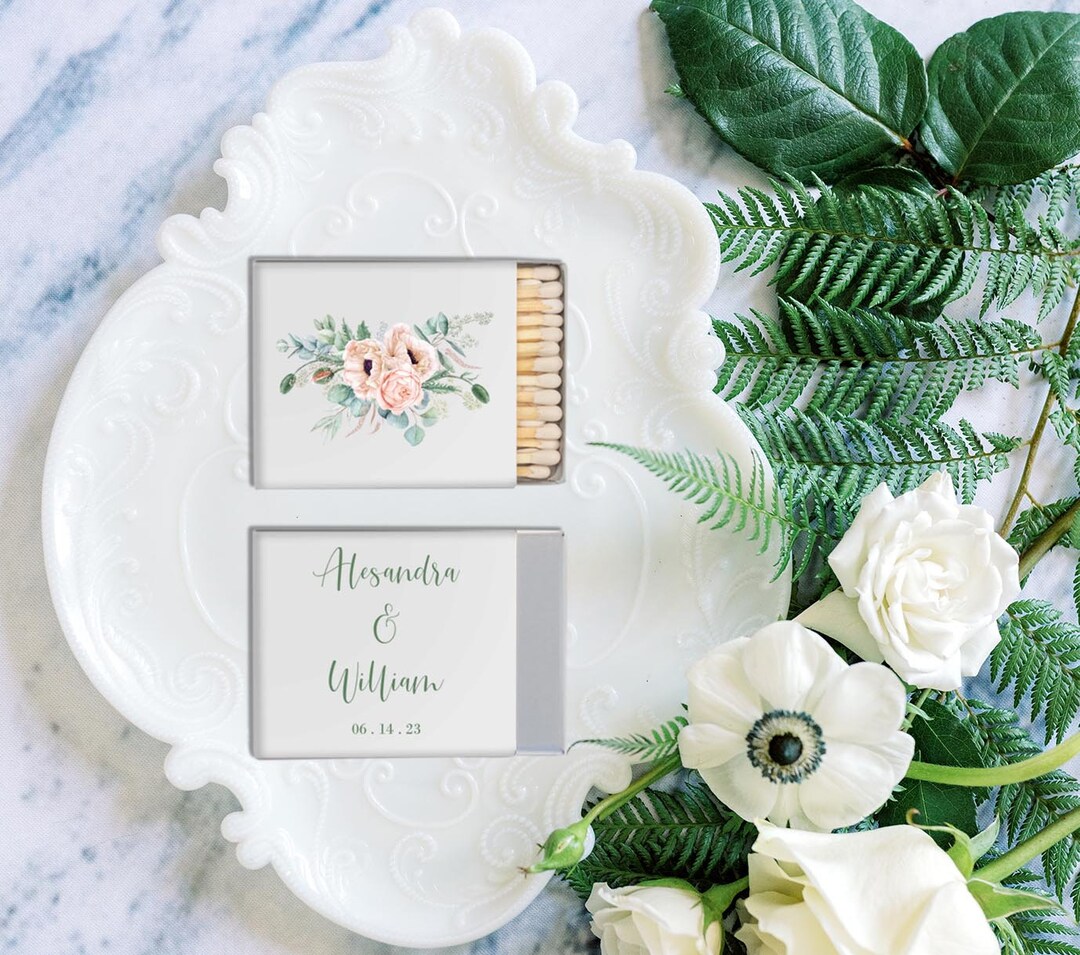 Pink Wedding Matches, Custom Wedding Favor, Pink Watercolor Bouquet ...