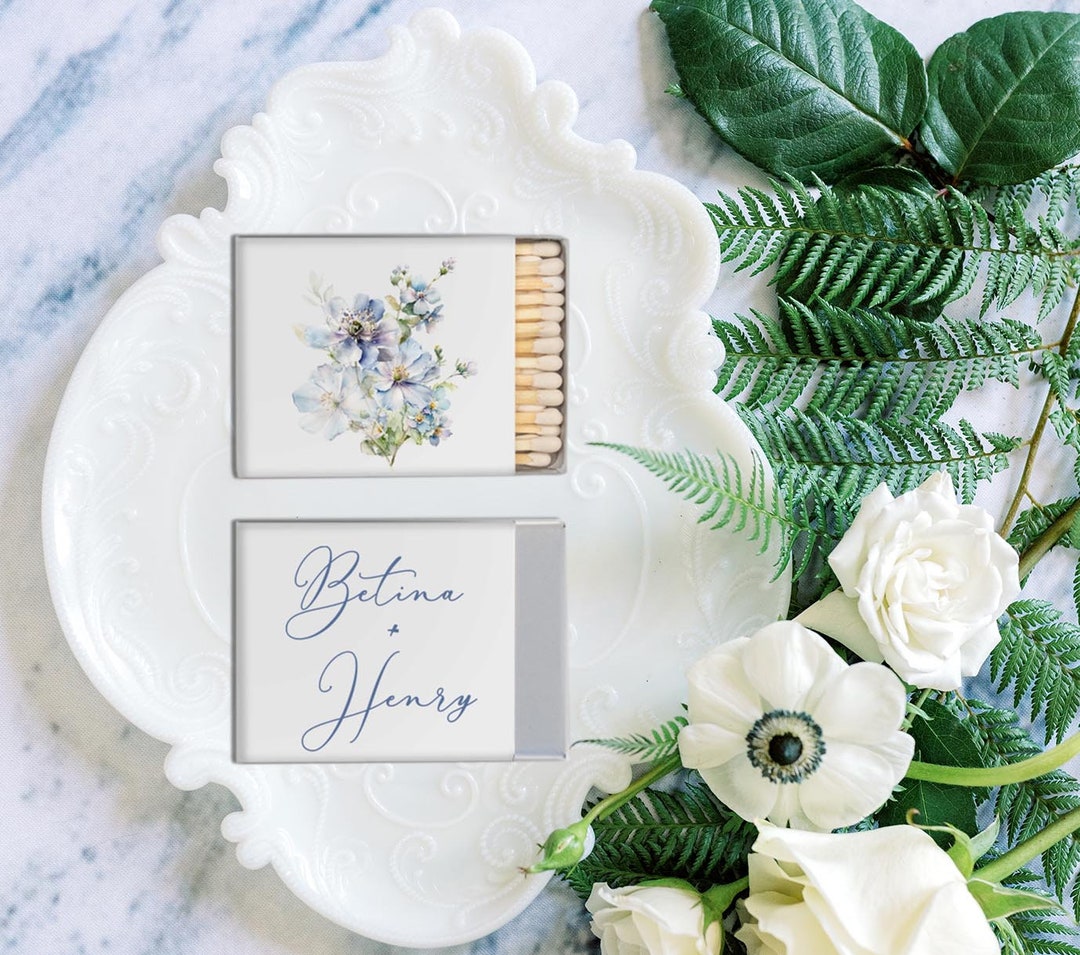 Dusty Blue Wedding Matches, Custom Wedding Favor, Light Blue Watercolor ...