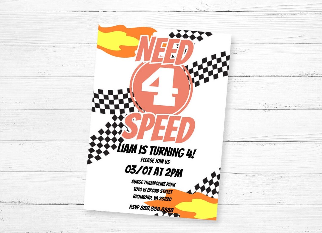 Editable Need 4 Speed Birthday Invite, Fourth Birthday Invitation ...