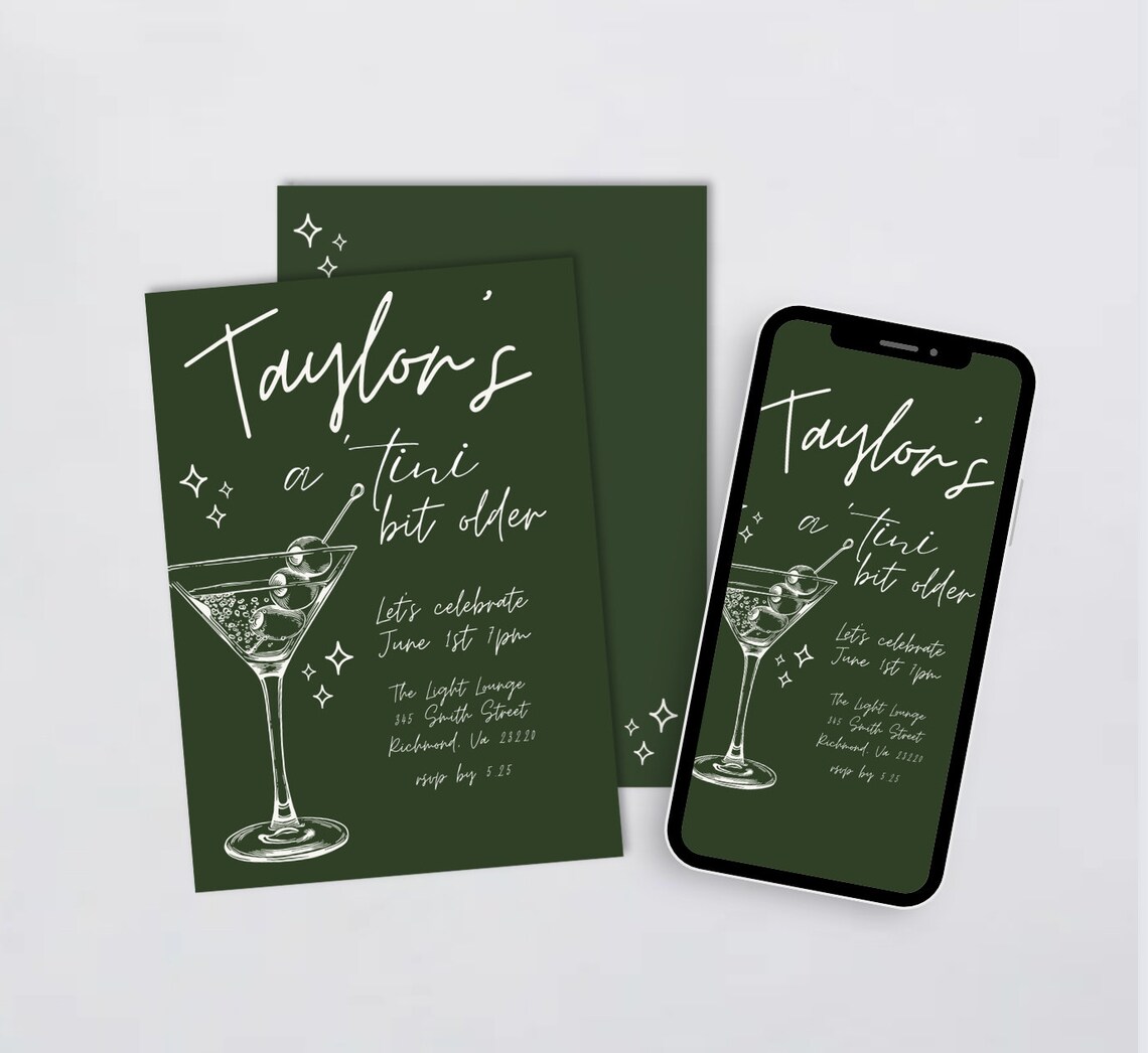 Editable A Tini Bit Older Birthday Invite, Martini Theme Party Digital ...