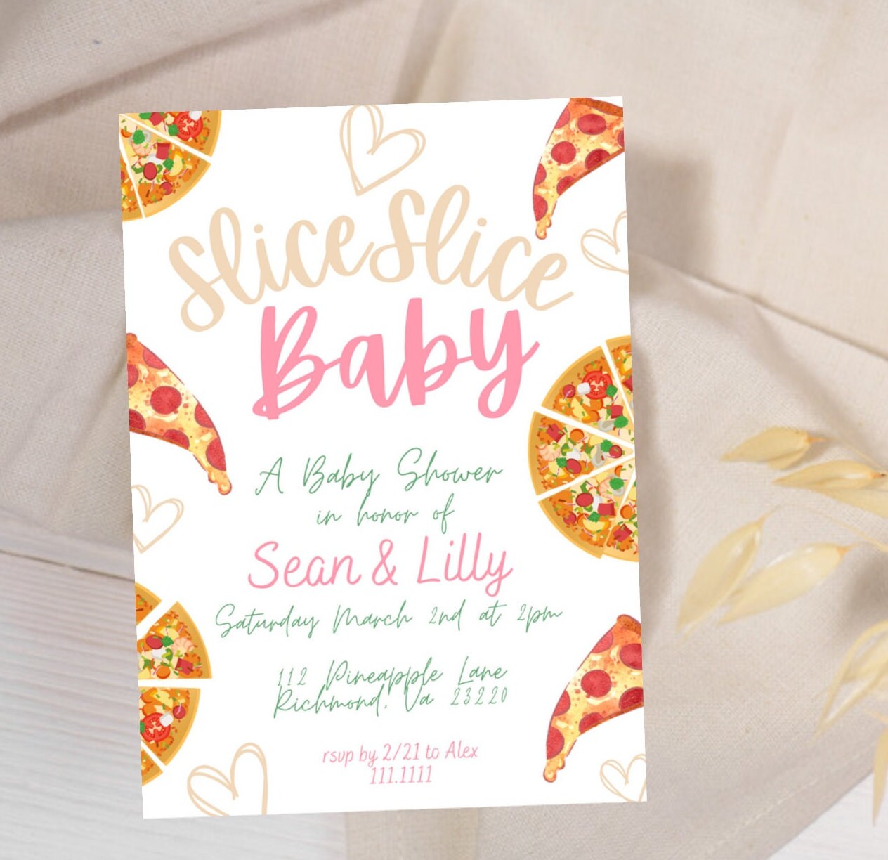 Editable Pizza Baby Shower Invitation, Slice Slice Baby, Pizza Party ...