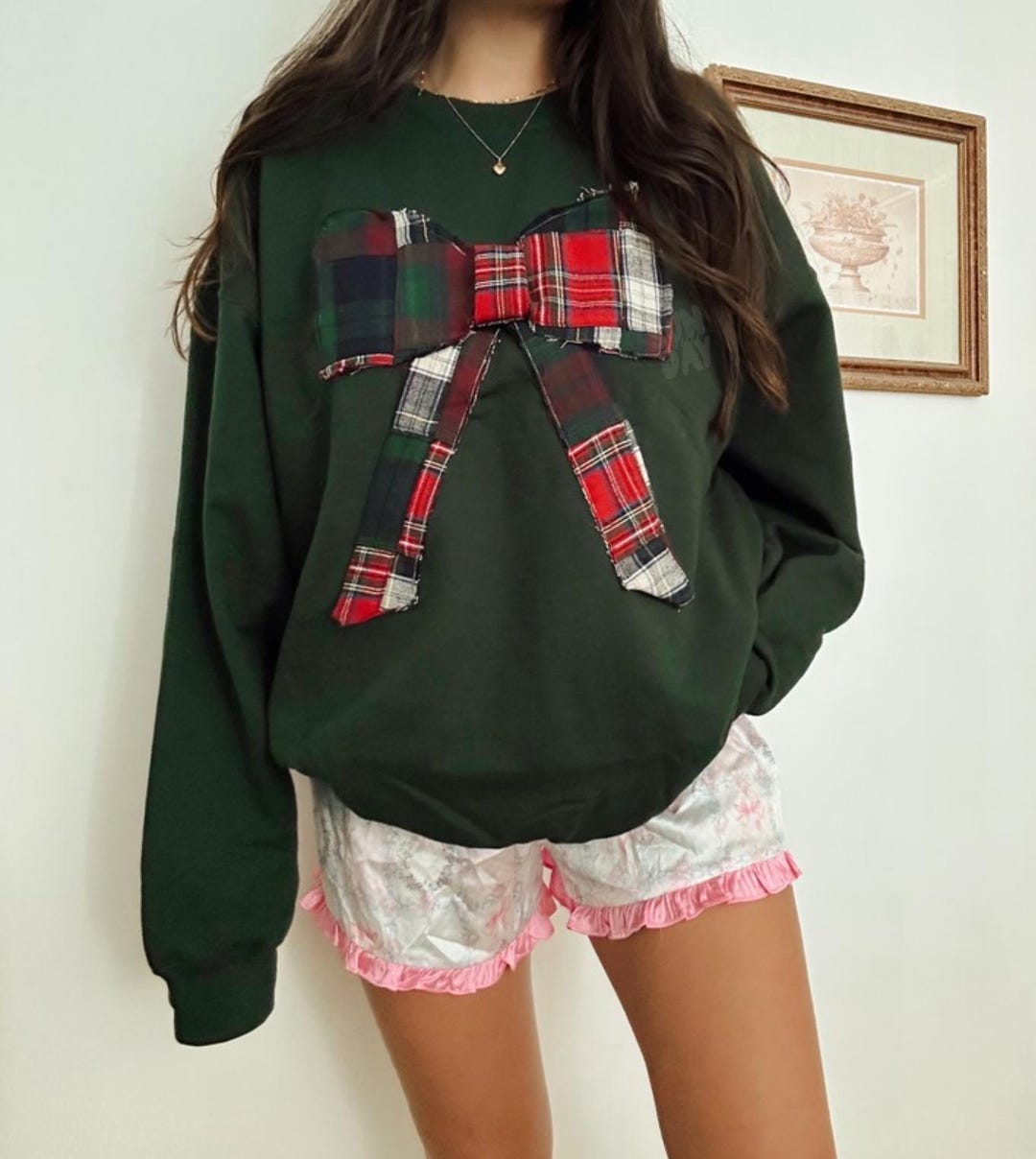 Patchwork Bow Sweatshirt, Christmas Patchwork Crewneck, Cute Plaid Bow ...
