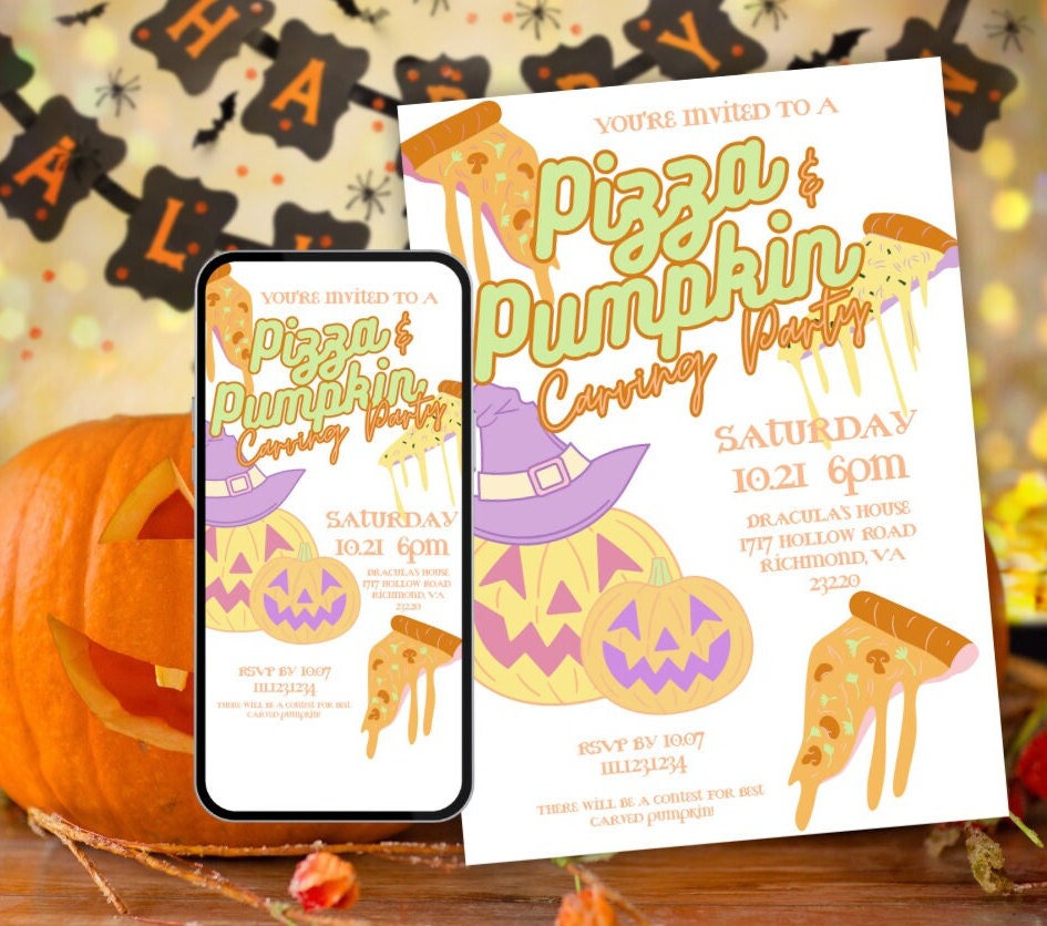 Editable Pizza and Pumpkin Carving Party Invitation, Digital Invite ...