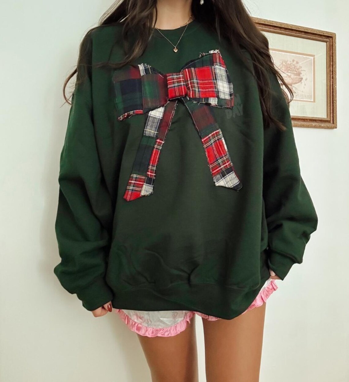 Patchwork Bow Sweatshirt, Christmas Patchwork Crewneck, Cute Plaid Bow ...