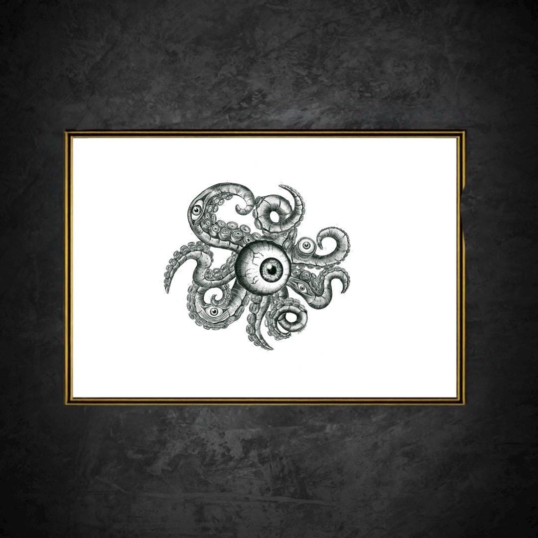 Illustrated Weird Octopus Tentacle Eye Monster Gothic Steampunk Wall ...
