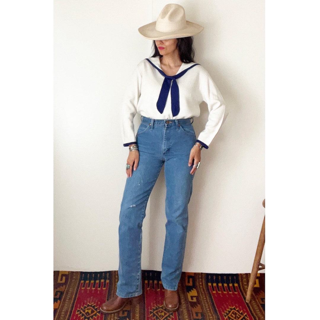 Vintage Nautical Sailor Knit Blouse / 70s / Sailor Collar Top ...