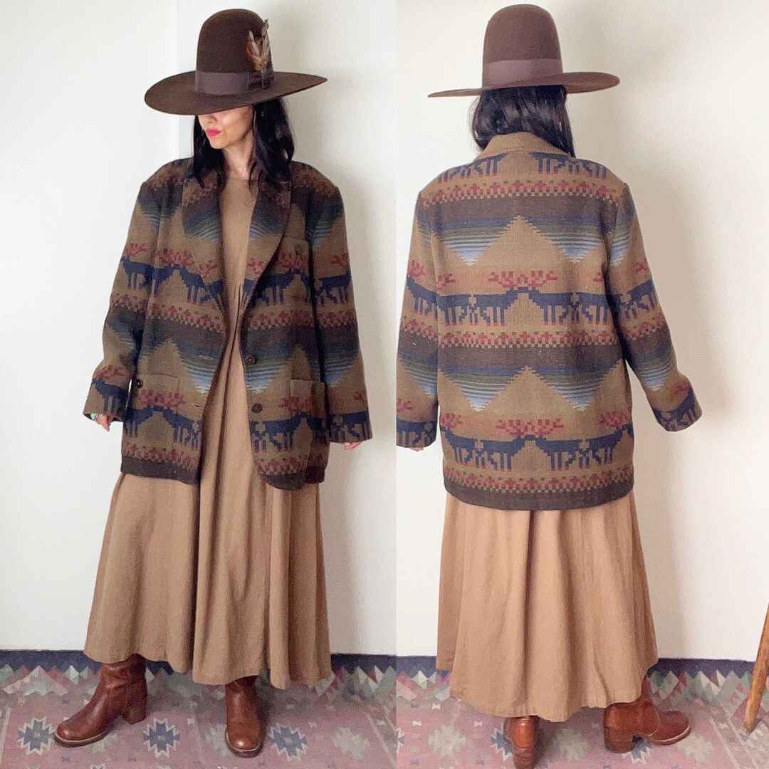 Vintage Southwestern Reindeer Blazer / 90s Oversized Aztec Jacket / L ...