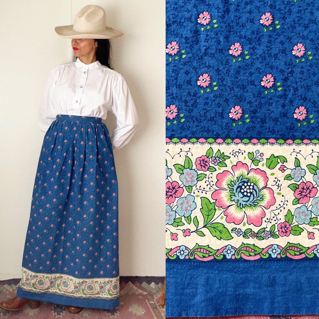 Vintage French Block Print Maxi Skirt / Bohemian Prairie Calico Peasant ...